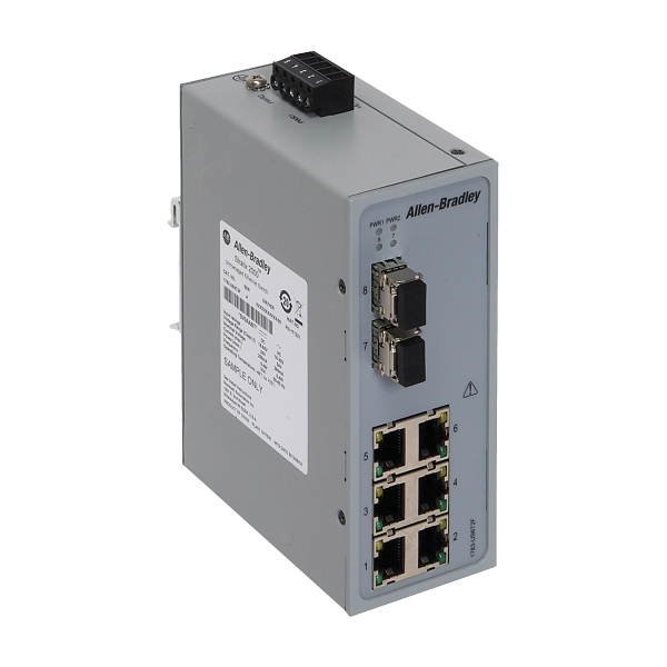 AB Stratix 2000 Unmanaged switch, 6 x 100MB copper ports, 2x 100MB Multimode Fiber SFP