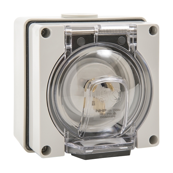 NHP ISO Appliance Inlet, 3 Flat Pins 15A 250V AC, w/ Base 38mm, Grey