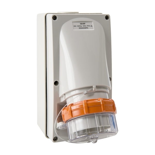 NHP ISO Appliance Inlet, 4 Round Pins 40A 500V AC, w/ Base 63mm, Grey
