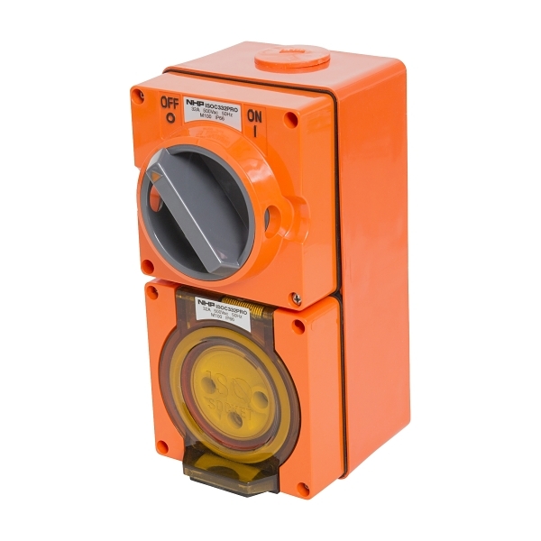 NHP ISO Switched Socket Outlet, 3 Round Pins 32A 250V AC, w/ Base, RO