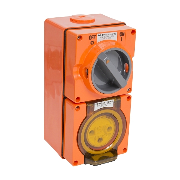 NHP ISO Switched Socket Outlet, 3 Round Pins 32A 250V AC, w/ Base, RO