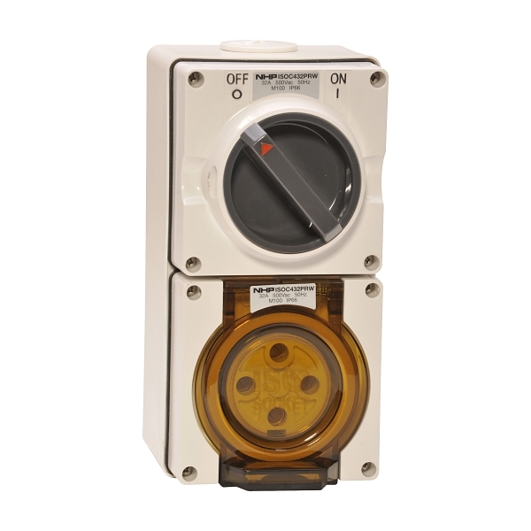 NHP ISO Switched Socket Outlet, 4 Round Pins 32A 500V AC, w/ Base, RW