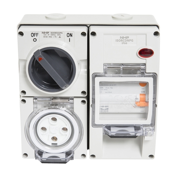 NHP ISO Switched Socket Outlet - RCD, 4 Round Pins 32A 500V AC, w/ Base, GY