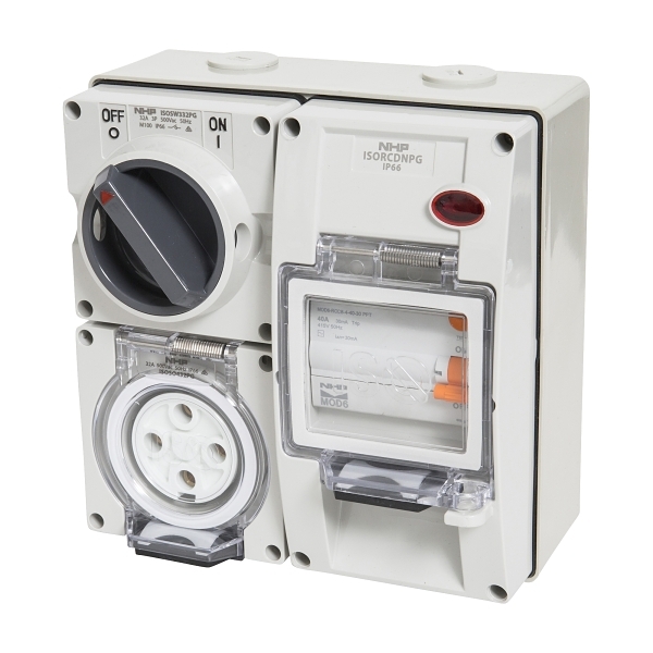 NHP ISO Switched Socket Outlet - RCD, 4 Round Pins 32A 500V AC, w/ Base, GY