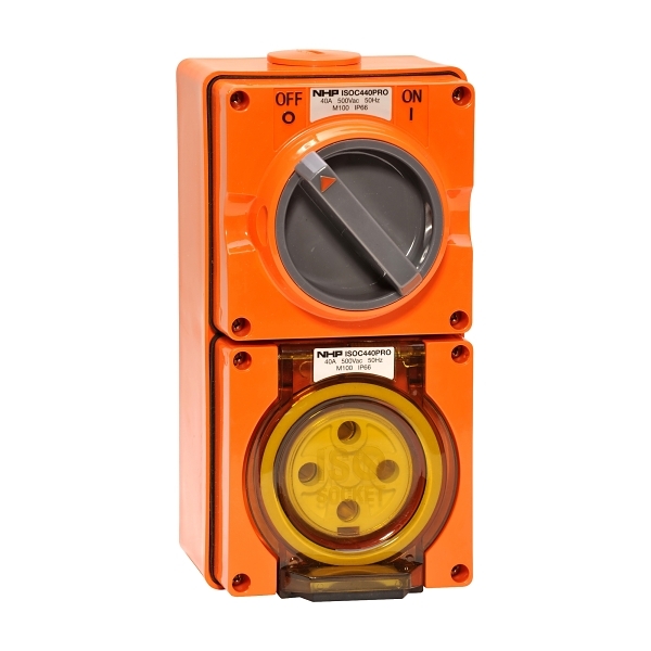 NHP ISO Switched Socket Outlet, 4 Round Pins 40A 500V AC, w/ Base, RO
