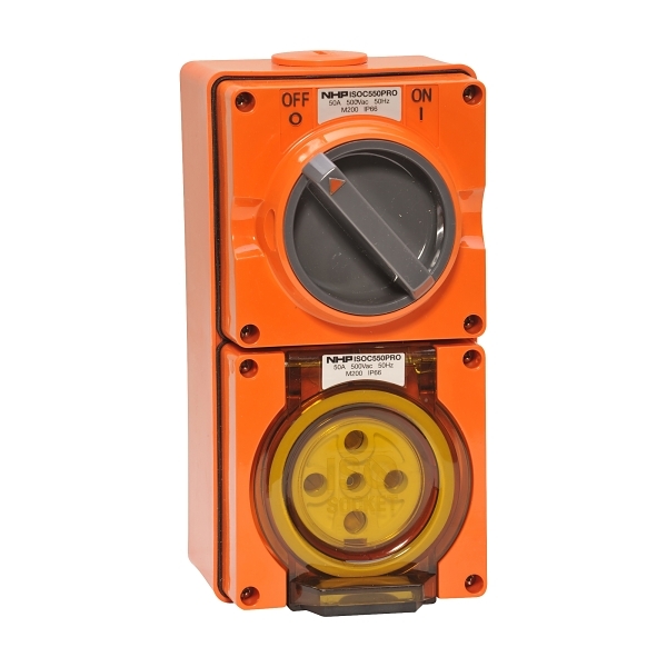 NHP ISO Switched Socket Outlet, 5 Round Pins 50A 500V AC, w/ Base, RO