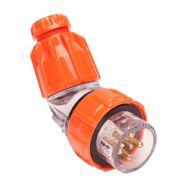 NHP ISO Plug - Angled, 5 Round Pins, 20A 500V AC, Electric Orange