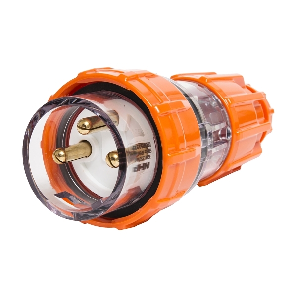NHP ISO Plug - Straight, 3 Round Pins, 32A 250V AC, Electric Orange