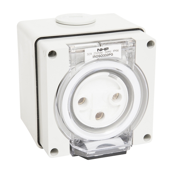 NHP ISO Socket Outlet, 3 Round Pins 32A 250V AC, w/ Base, Grey