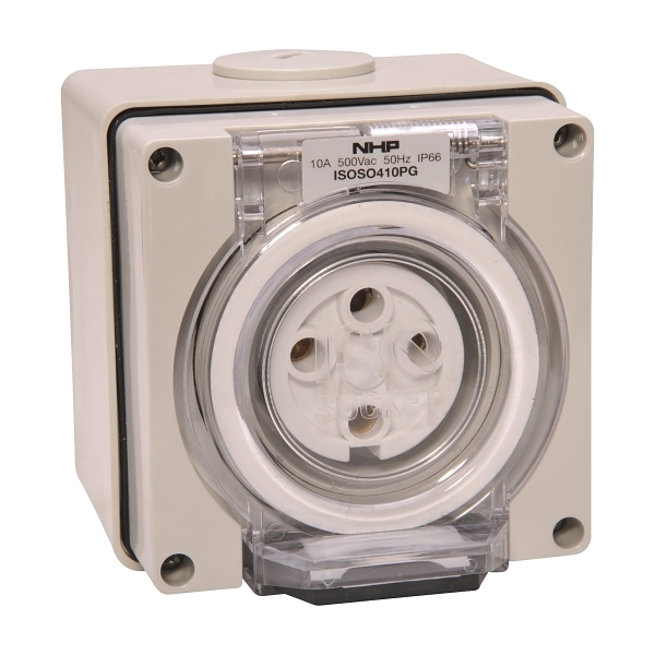 NHP ISO Socket Outlet, 4 Round Pins 10A 500V AC, w/ Base, Grey