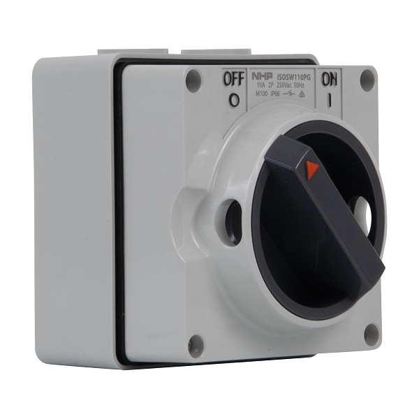 NHP ISO Surface Switch, 2 Pole 10A 250V AC, w/ Base, Grey