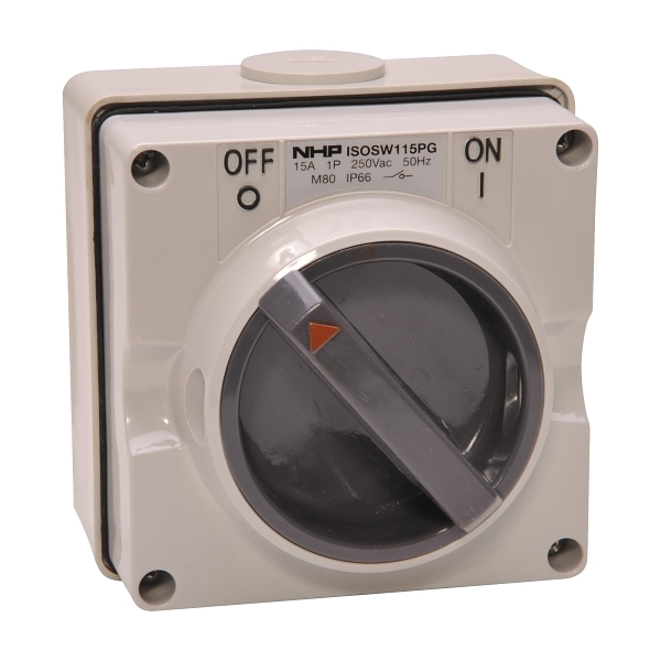 NHP ISO Surface Switch, 2 Pole 15A 250V AC, w/ Base, Grey