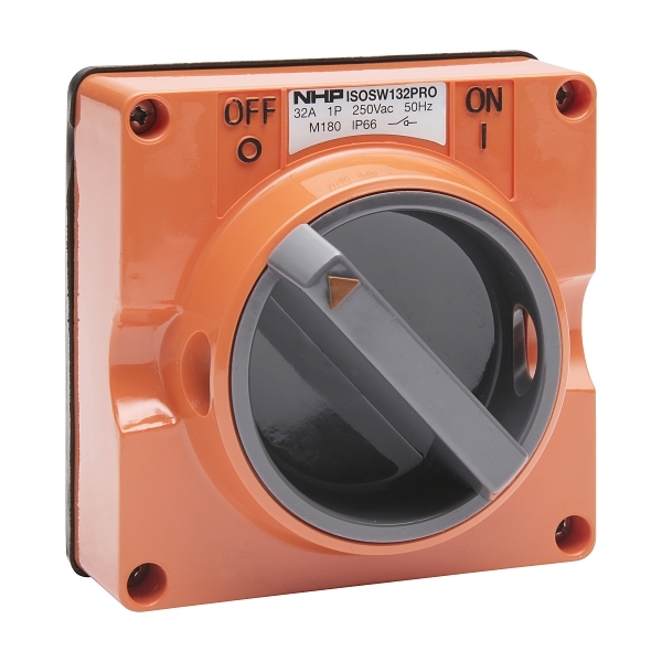 NHP ISO Surface Switch, 2 Pole 32A 250V AC, w/o Base, Resistant Orange