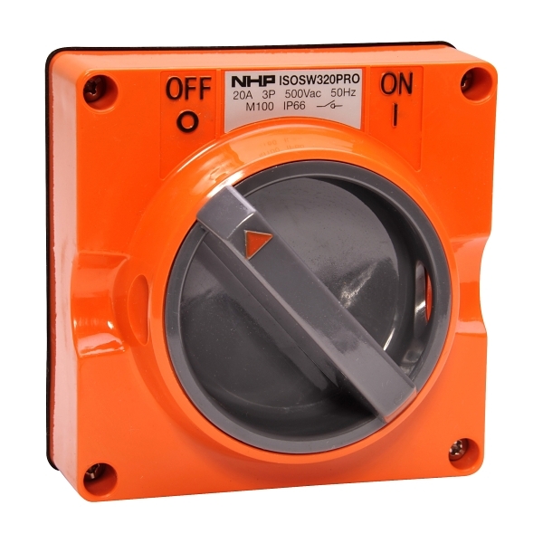 NHP ISO Surface Switch, 3 Pole 20A 500V AC, w/o Base, Resistant Orange