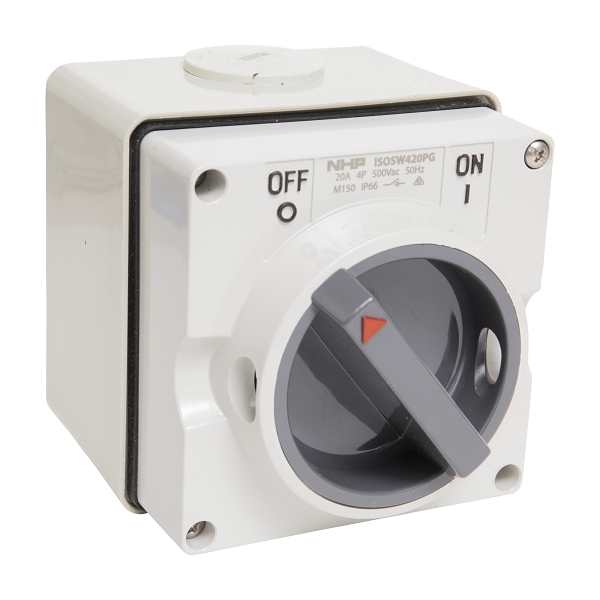 NHP ISO Surface Switch, 4 Pole 20A 500V AC, w/ Base, Grey