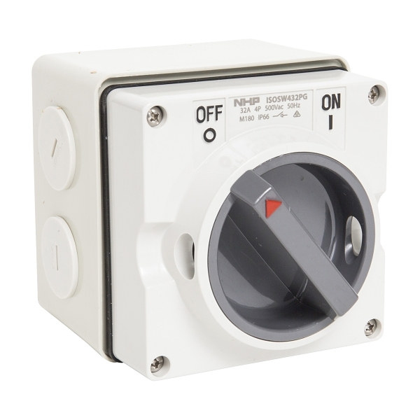 NHP ISO Surface Switch, 4 Pole 32A 500V AC, w/ Base, Grey