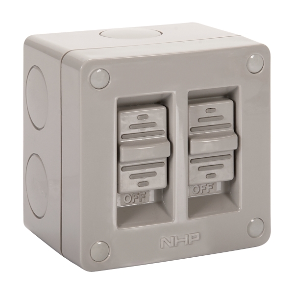 NHP NLINE Surface Switch, Small IP 66 Plastic, 2 Gang, 1 Pole 16A 250V AC