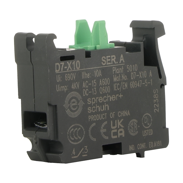 Sprecher and Schuh D7 Contact Block 1 NO for 22.5 mm Pushbutton Operators