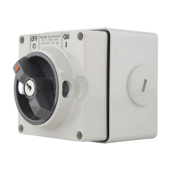 NHP ISO Surface Switch - Key, Lock in OFF, 3 Pole 20A 500V AC, w/ Base, Grey