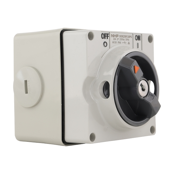 NHP ISO Surface Switch - Key, Lock in ON/OFF, 2 Pole 20A 250V AC, w/ Base, Grey