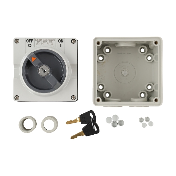 NHP ISO Surface Switch - Key, Lock in OFF, 2 Pole 20A 250V AC, w/ Base ...