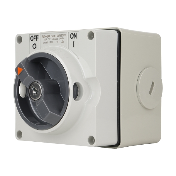 NHP ISO Surface Switch - Key, Lock in OFF, 3 Pole 32A 500V AC, w/ Base ...