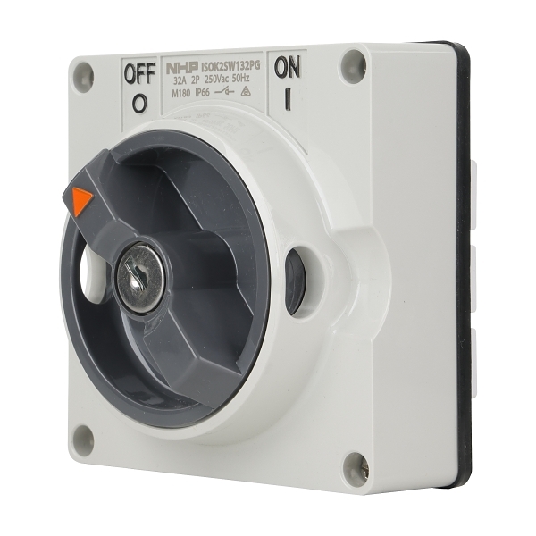 NHP ISO Surface Switch - Key, Lock in ON/OFF, 2 Pole 32A 250V AC, w/o ...