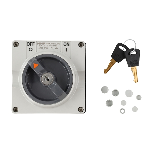 NHP ISO Surface Switch - Key, Lock in ON/OFF, 2 Pole 32A 250V AC, w/o ...