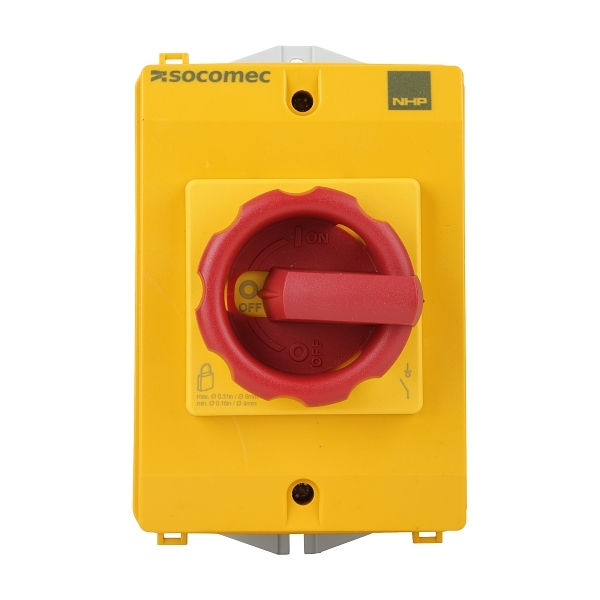 Socomec ISO Enclosed Isolator, IP 65 Plastic Yellow, Handle - Red, 3P 32A