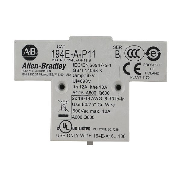Allen-Bradley 194E Auxiliary Contact 1 N.O + 1 N.C for 194EA Base/Din ...