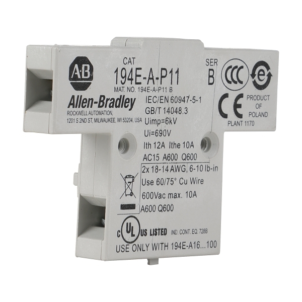 Allen-Bradley 194E Auxiliary Contact 1 N.O + 1 N.C for 194EA Base/Din ...