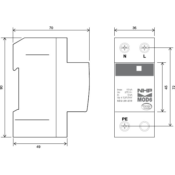 NHP MOD6 Surge Diverter 1Pole plus Neutral 40kA