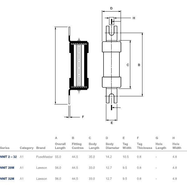 Mersen BS Fuse gG Size A1 44.5mm Centres 500V AC 2A